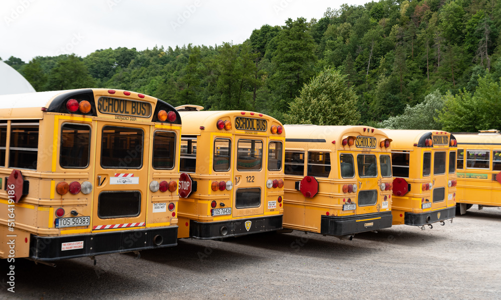 Baltow, Poland - July 1, 2022: Yellow school buses lined up in the ...