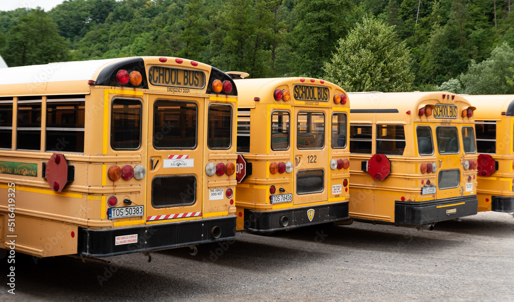 Baltow, Poland - July 1, 2022: Yellow school buses lined up in the ...