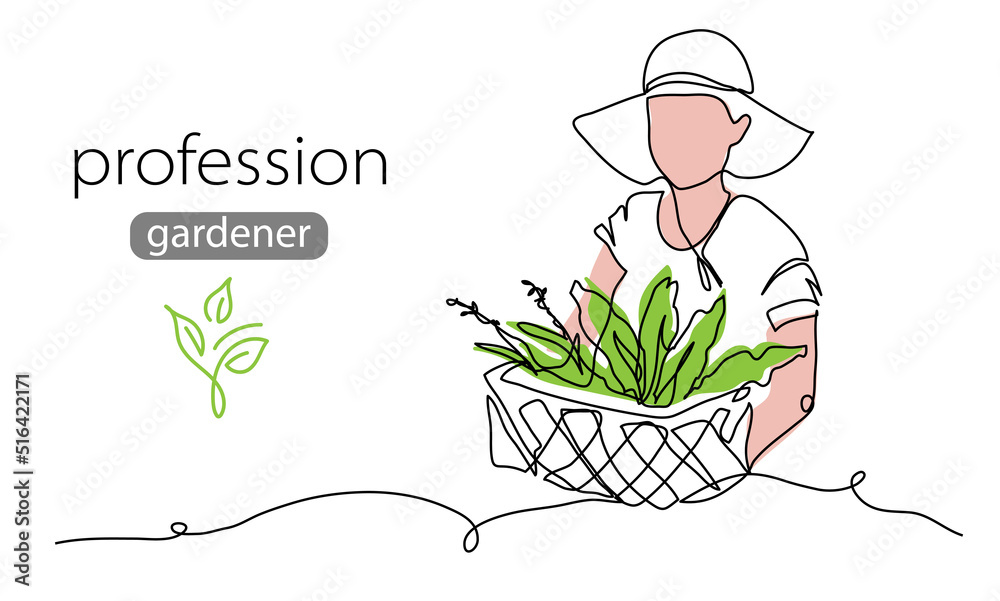 Girl holds greenery in a box. Vector background, banner, poster. One ...