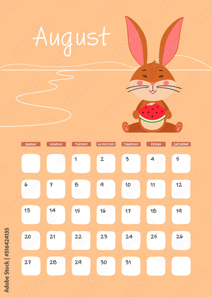 A3 Page of the wall calendar for August 2023. Cute brown rabbit or ...
