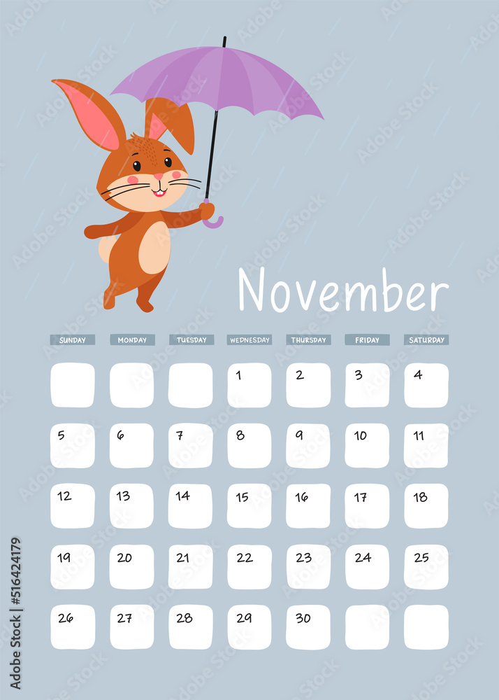 A3 Page of the wall calendar for November 2023. Cute brown rabbit or ...
