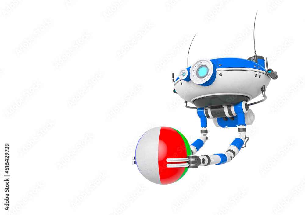floating robot is holding a beach ball in white background side view ...