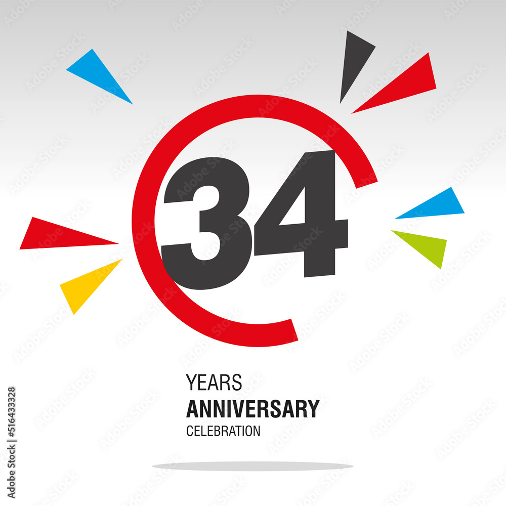 34 Years Anniversary, number in broken circle with colorful bang of ...
