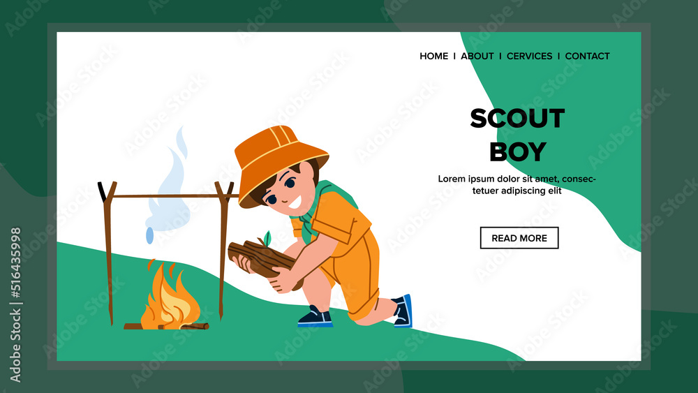 Scout Boy Child Starting Bonfire Outdoor Vector. Scout Boy Kid Start ...