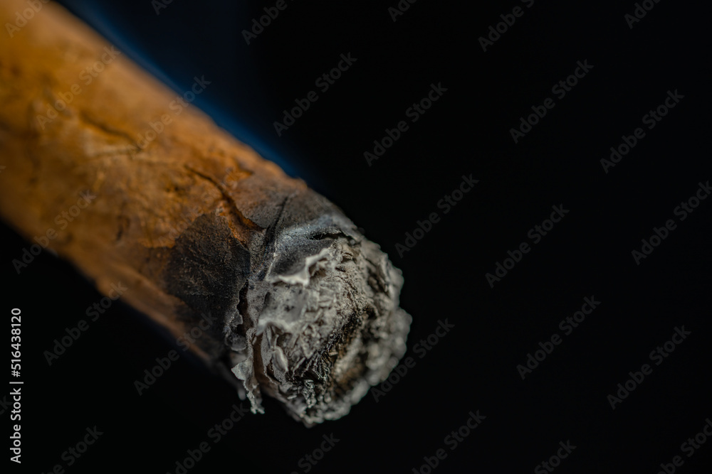 Smoking cuban cigar with blue smoke on an isolated black background. A ...