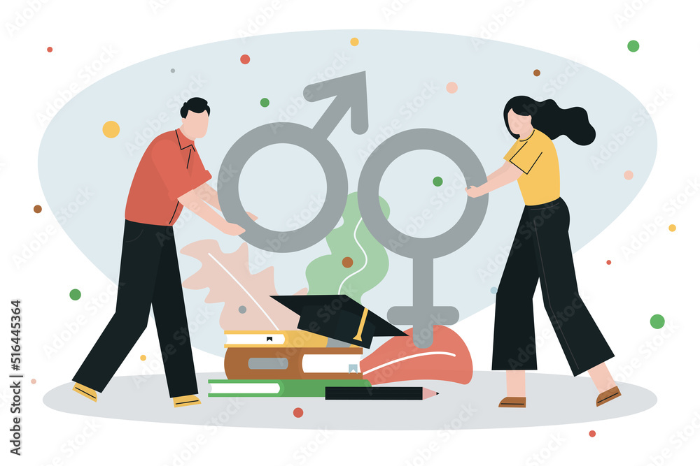 Sex education for student and school. People holding gender signs ...