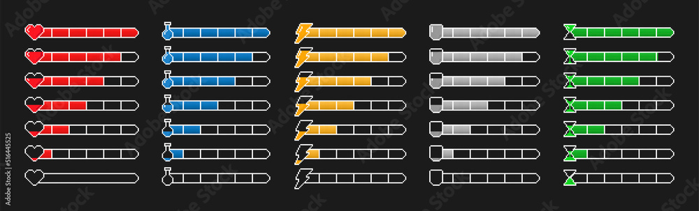 Fototapeta kuchenna Set of game progress bars. Pixel scales of health, energy, time, protection ...