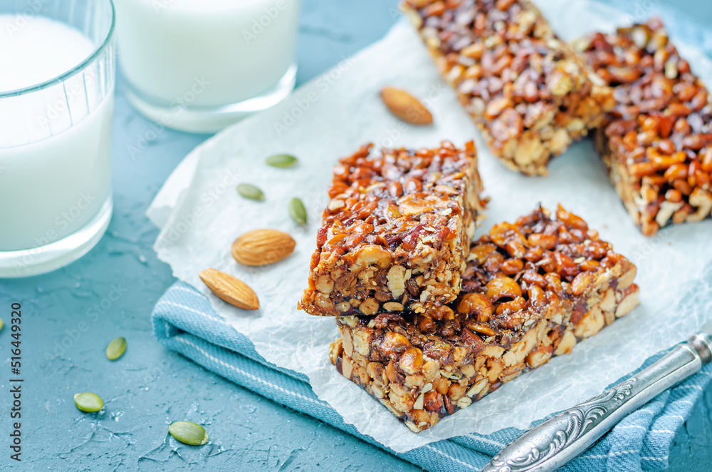 Healthy honey nuts bars with milk Stock Photo | Adobe Stock