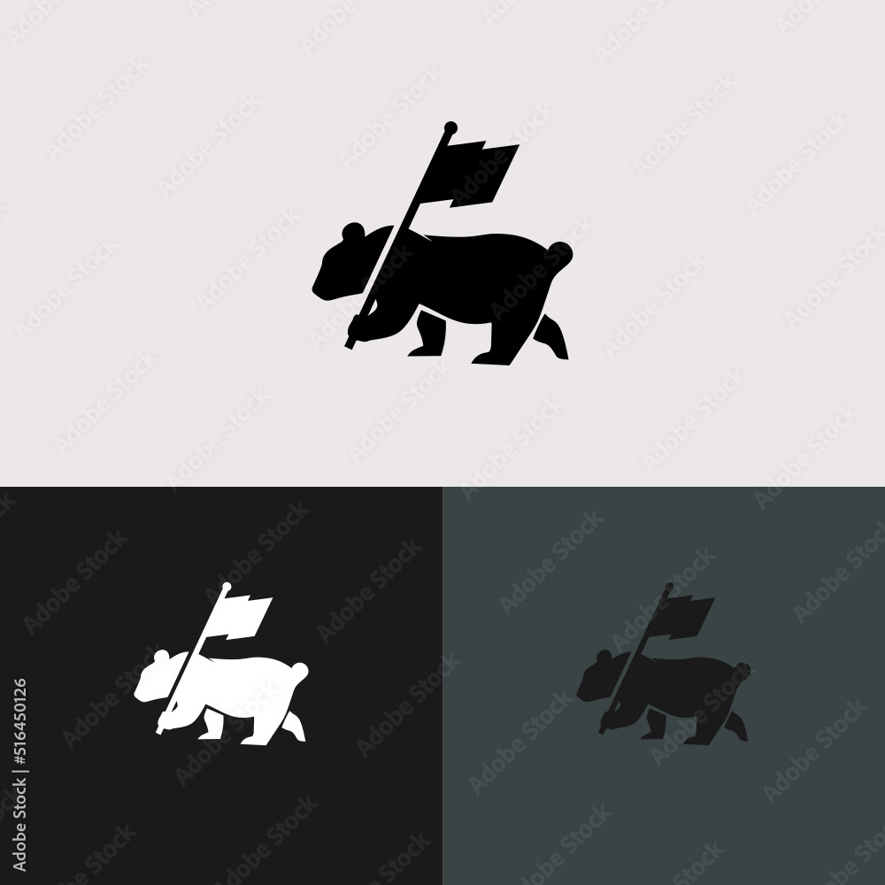 Logo design with bear holding flag silhouette isolated on light and ...