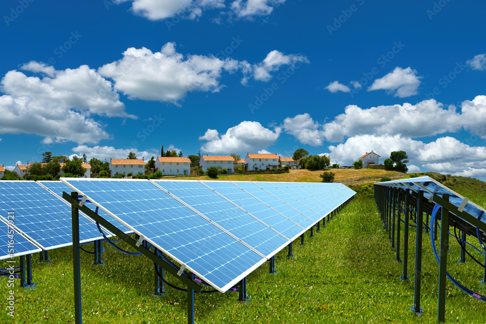 Stockfoto Solar panels. Batteries to supply town with electricity. Eco ...