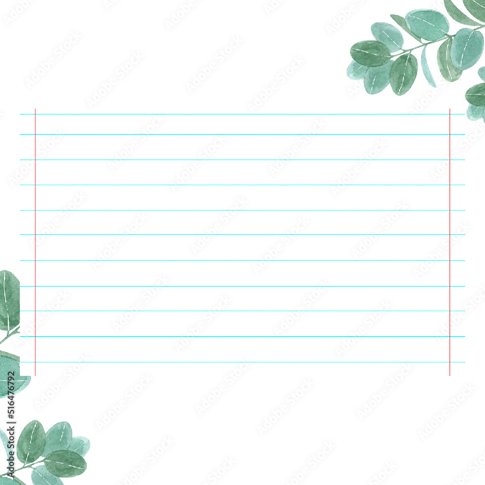 card or invitation, notebook sheet on white background with foliage ...