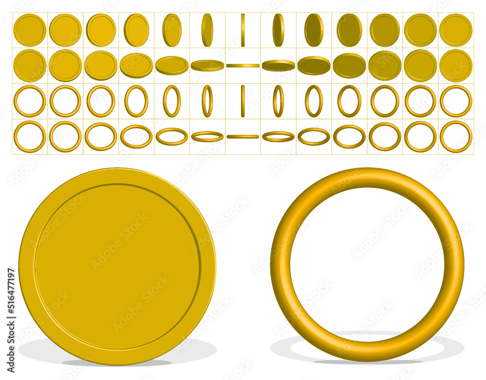 Gold coins and rings with all turning angles for animation in games ...