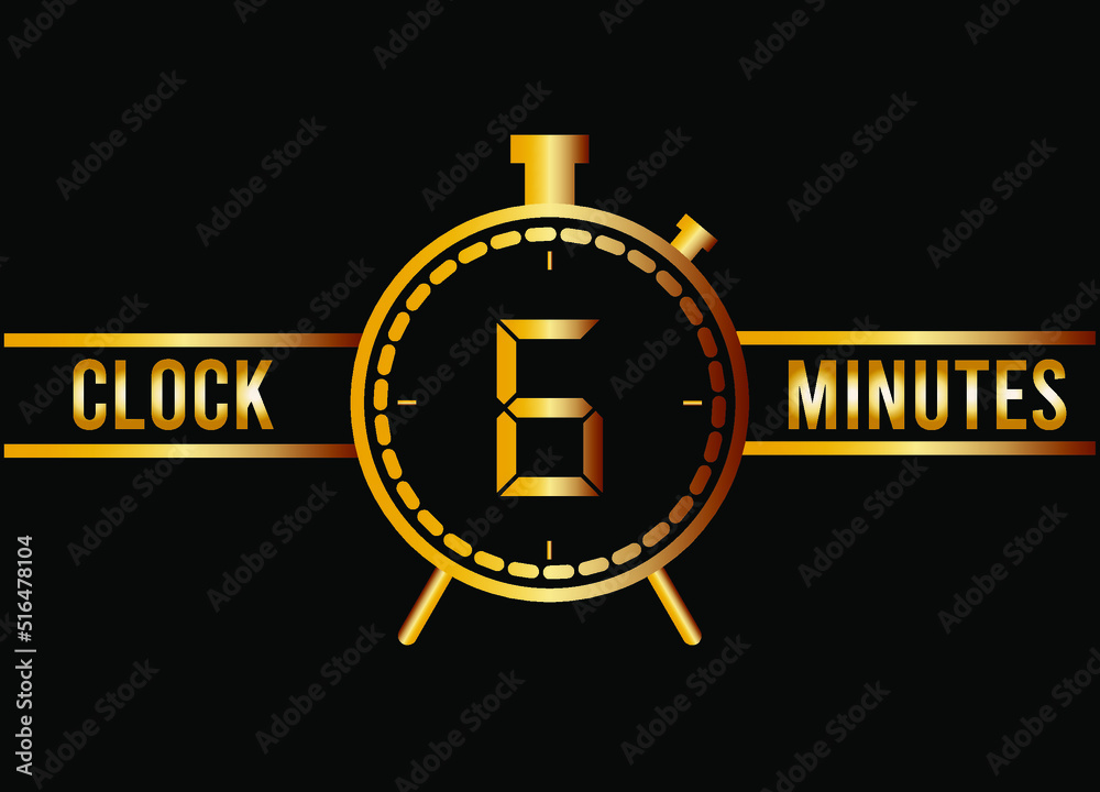 6 minutes clock gold isolated on black background. Watch, timer and ...