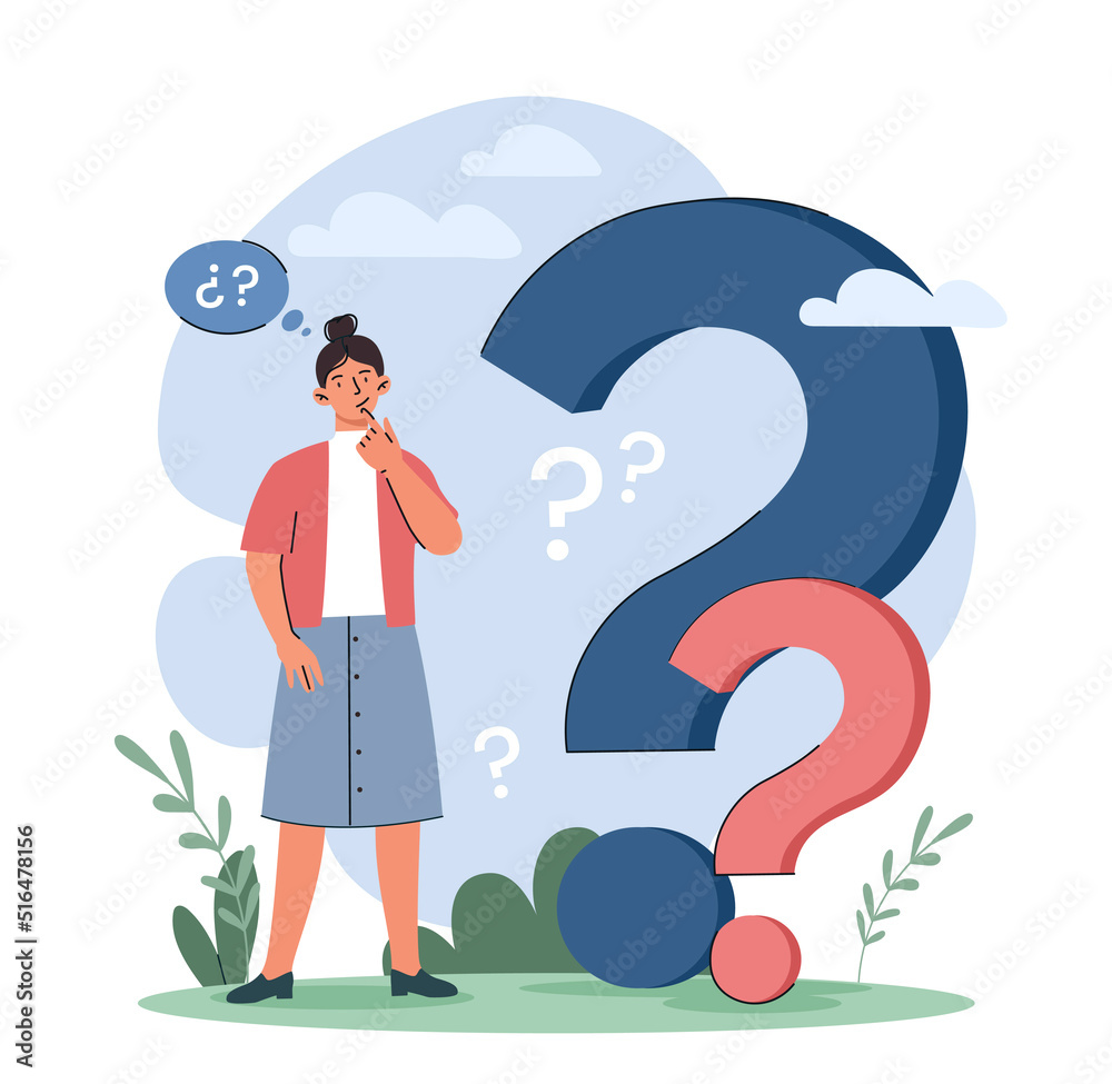 Woman with questions. Thoughtful character trying to solve life problem ...