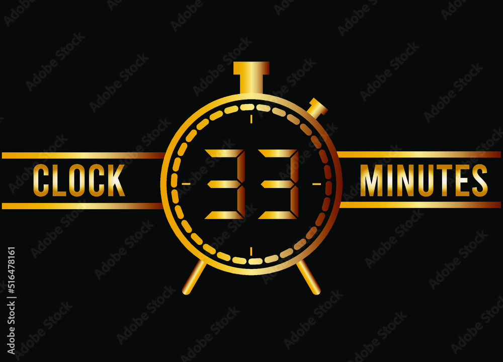 33 minutes clock gold isolated on black background. Watch, timer and ...