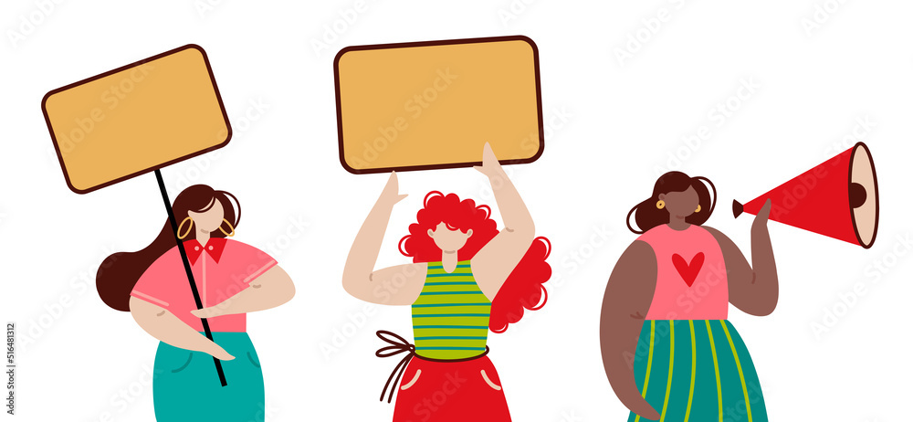 Group of protesting women, flat vector illustration. Feminist girls ...