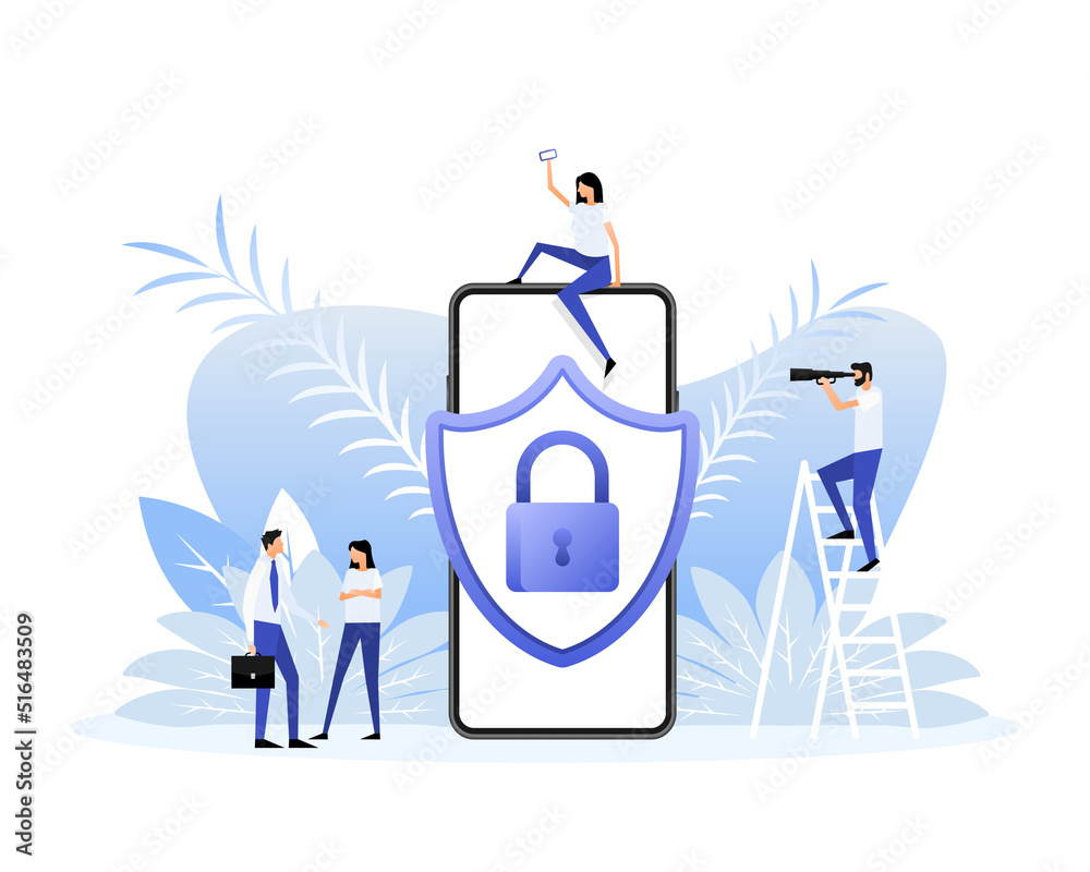 Cartoon with secure lock people. Digital bank. Flat vector illustration ...