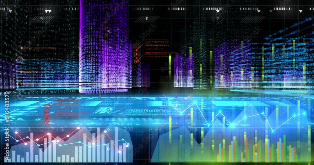 4K financial chart with digital city background;seamless loop.Business ...