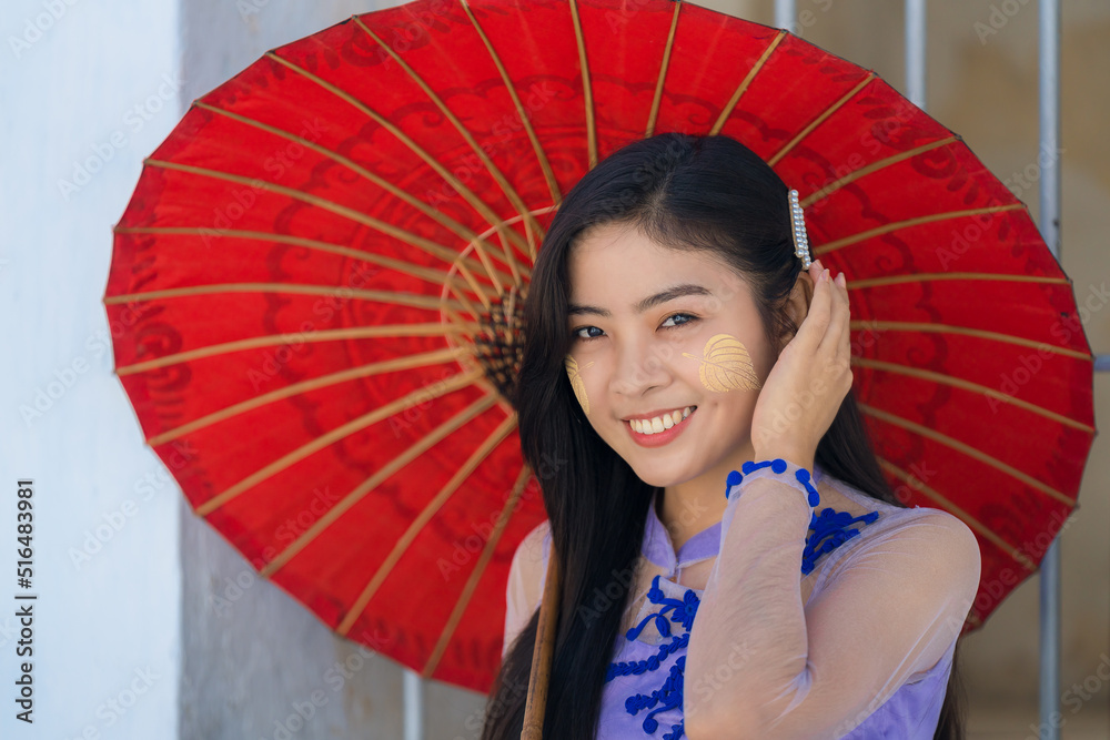 Myanmar Burmese woman with umbrella in Burmese traditional dress at ...
