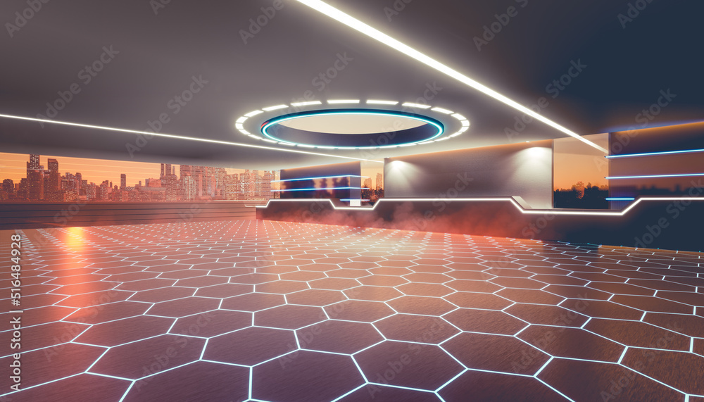 3d rendering of empty space inside futuristic showroom, spaceship, hall ...