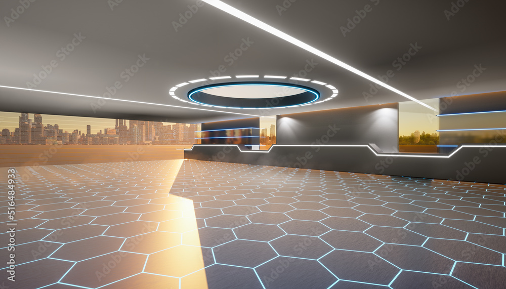 3d rendering of empty space inside futuristic showroom, spaceship, hall ...
