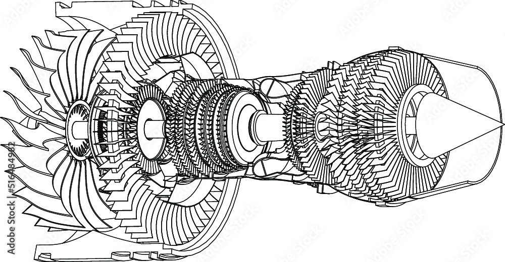 Jet engine isometrics. Vector line illustration. Concept vector ...