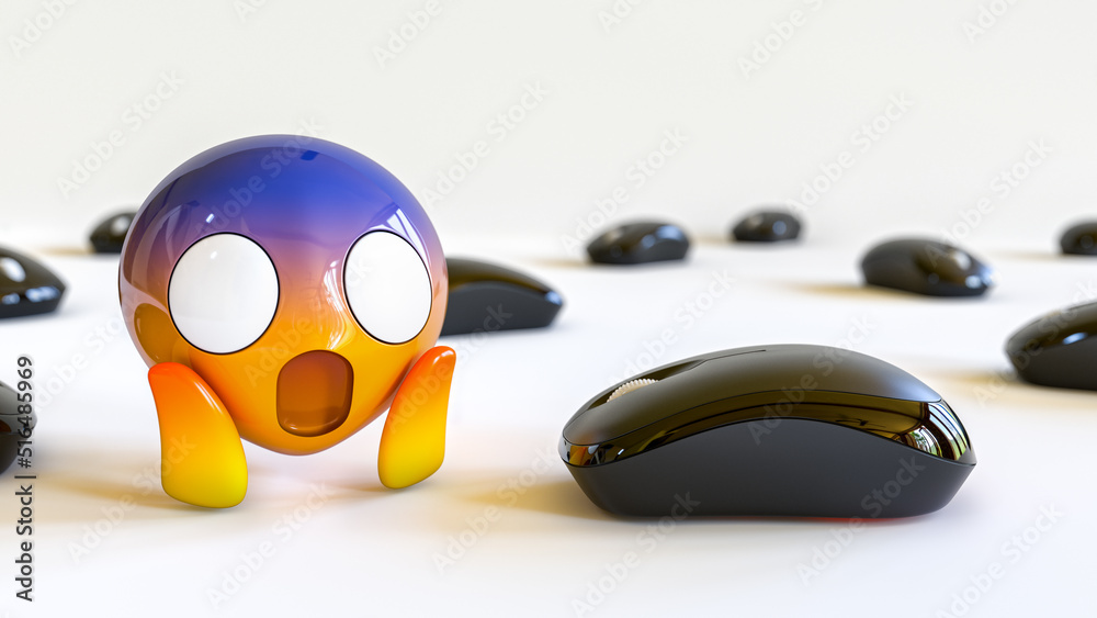 3D Rendered Computer Mouse and Scared Emoji Conceptual Clickbait Image ...
