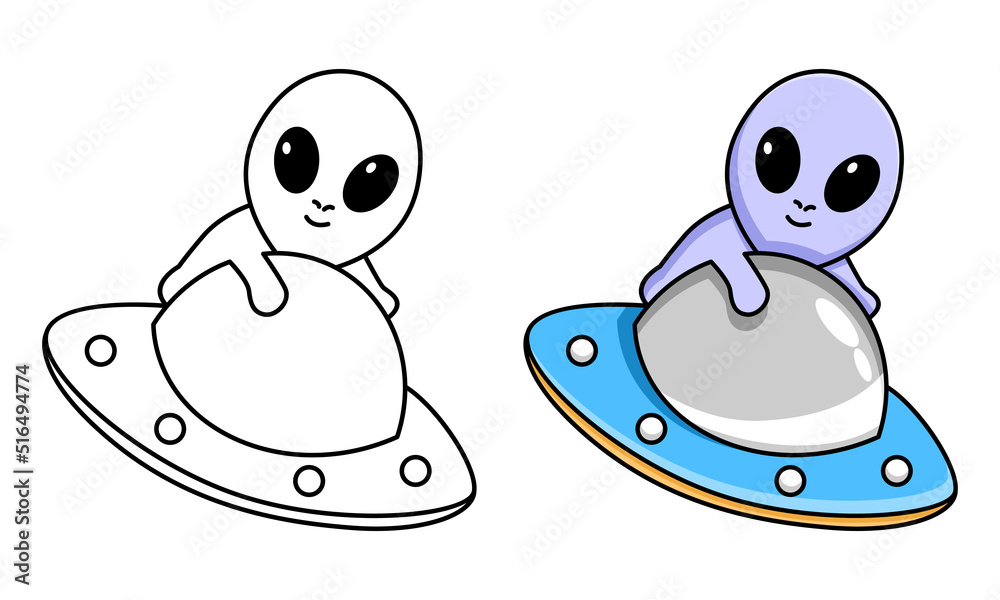 cute alien with ufo coloring page for kids Stock Vector | Adobe Stock