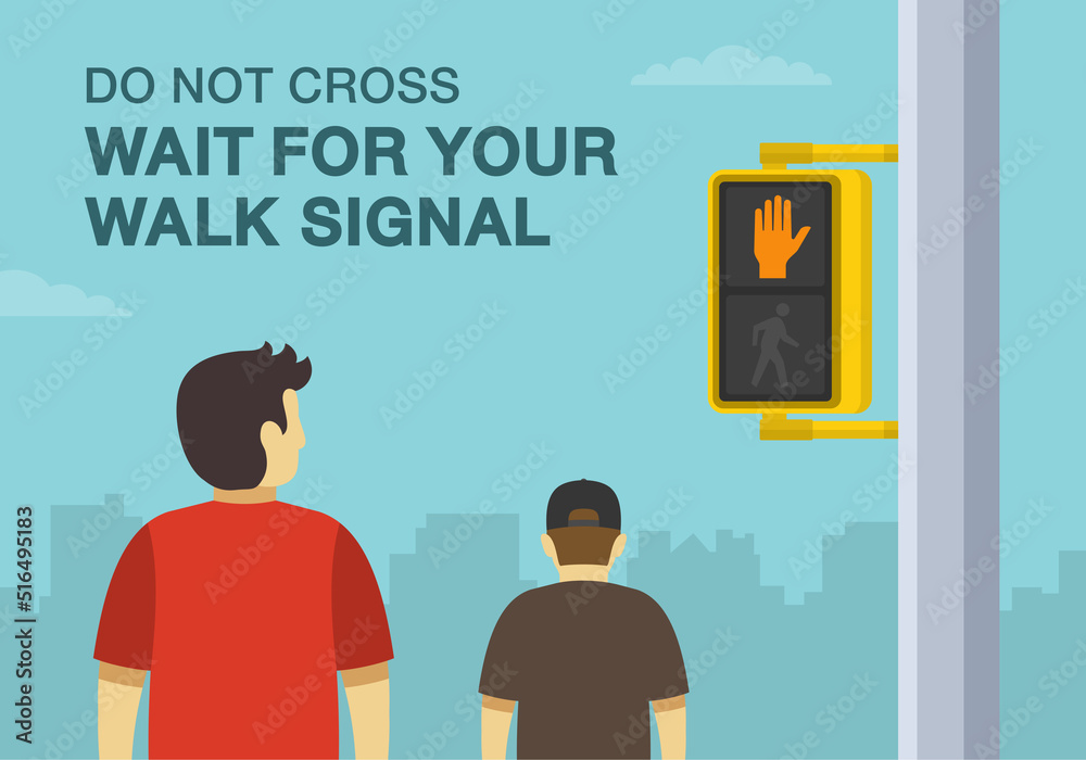 Vetor de Pedestrian safety tips and traffic regulation rules. "Walk" or ...