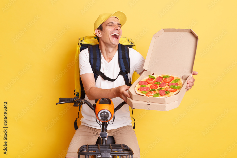 Funny optimistic courier man on bike holding carton pizza box and ...