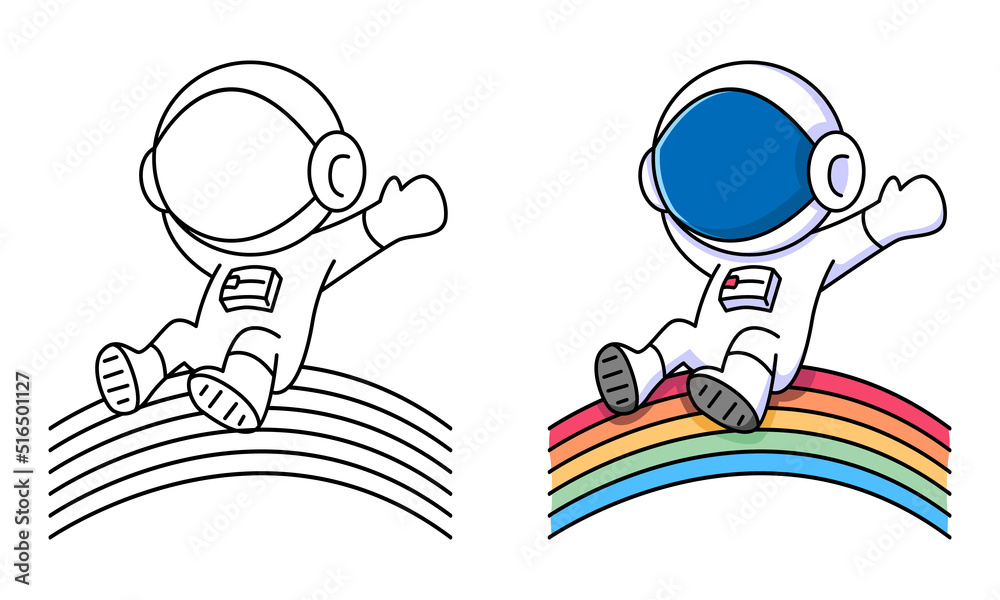 cute astronaut sitting on rainbow coloring page for kids Stock Vector ...