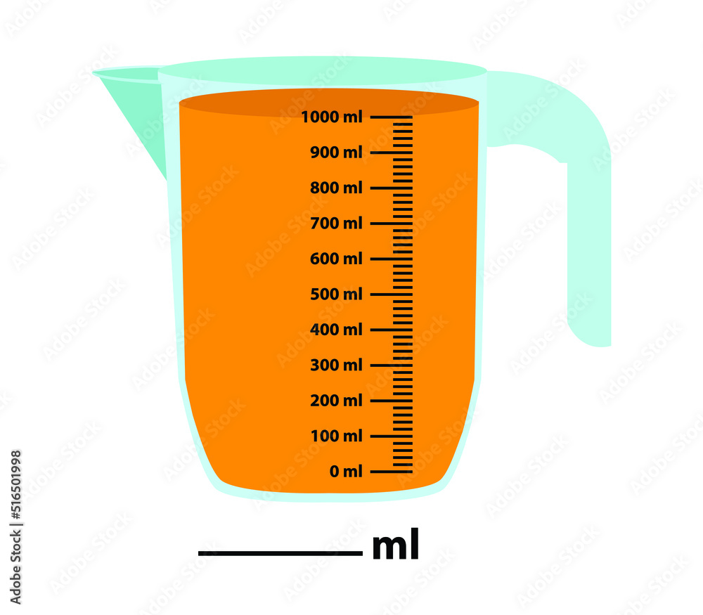 The scale measuring jug 1000ml. with measuring scale. Beaker for chemical experiments in the ...
