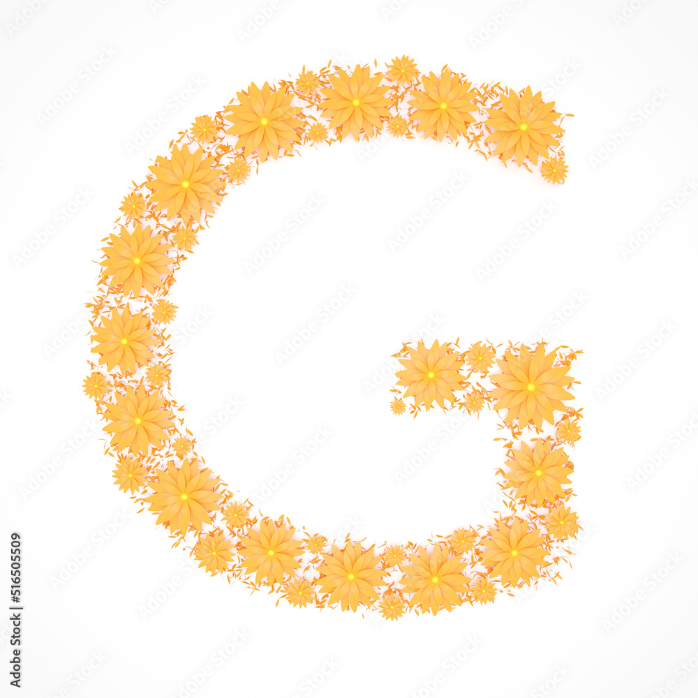 Capital letter G made from orange flowers and petals isolated on white ...
