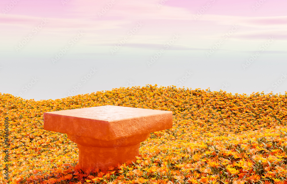 Platform and Natural podium backdrop with yellow marigold flowers field ...