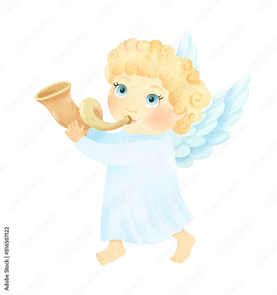 Little angel boy with a golden bugle. Religious catholic clipart ...