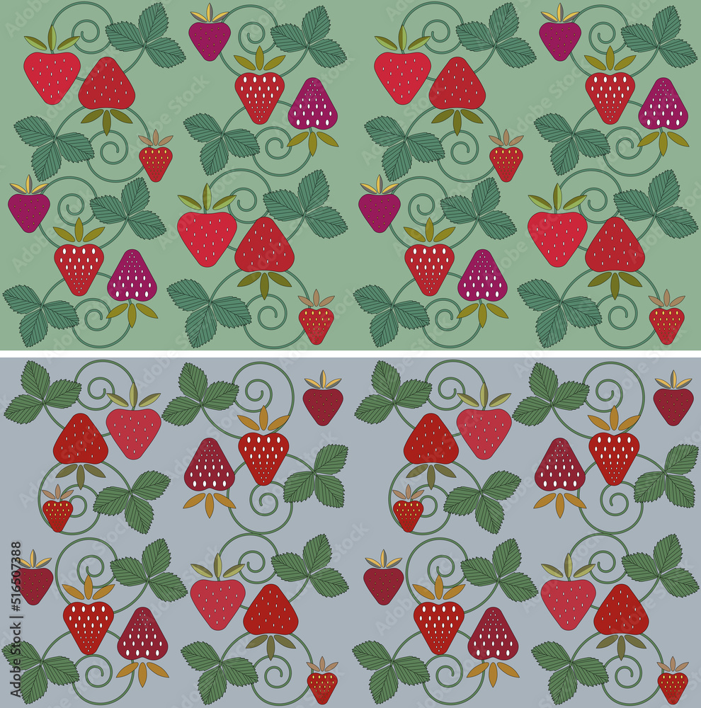 Strawberry pattern in two versions for textiles, green and gray ...