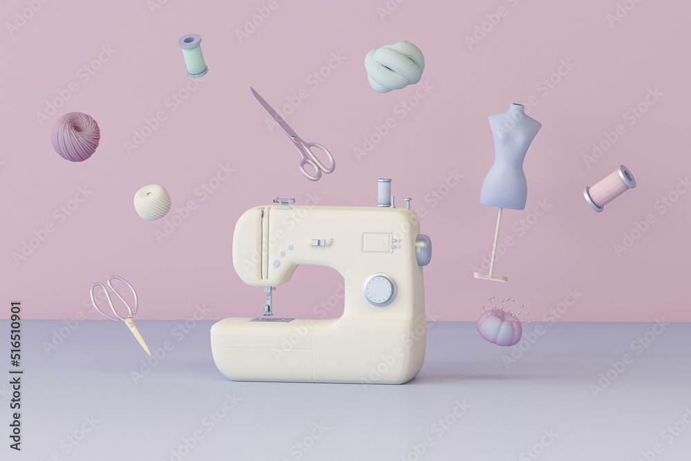 Fashion clothing designer concept with sewing machine floating on ...