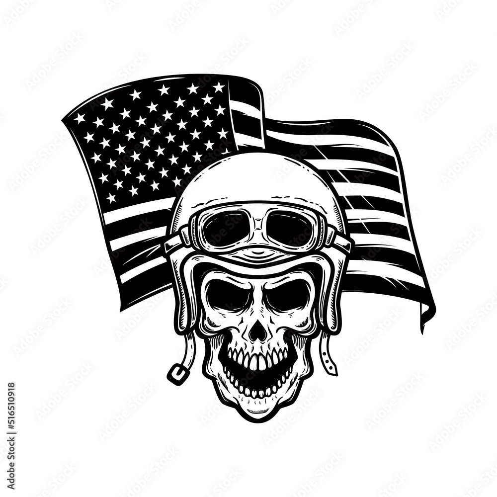 Racer skull on usa flag background. Biker skull. Design element for ...