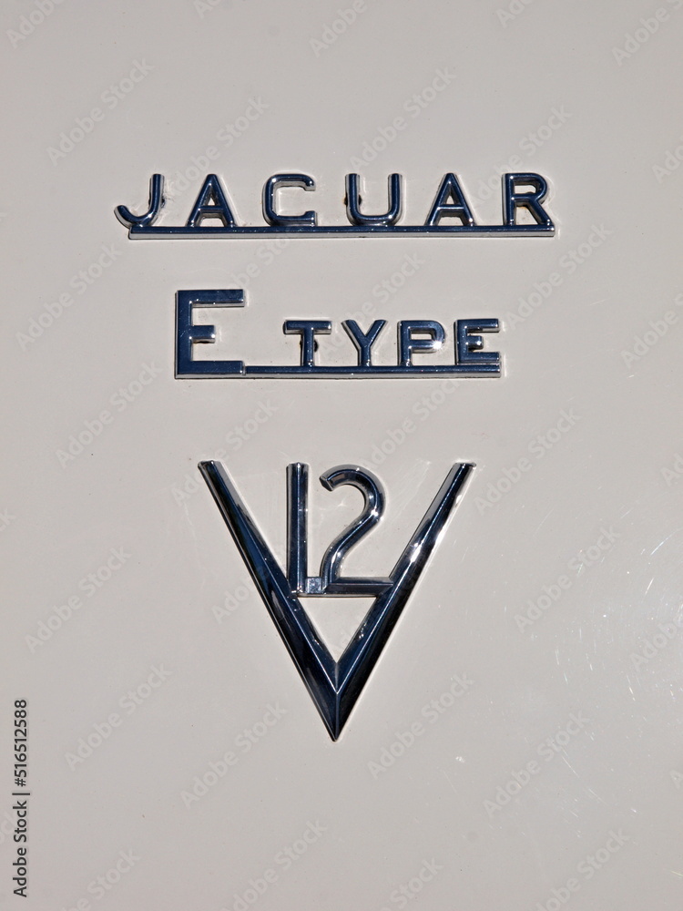 Logo and brand lettering Jaguar E Type V12 Stock Photo | Adobe Stock