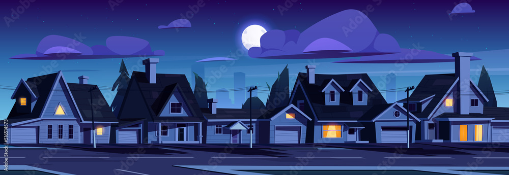 Suburb houses, night suburban street with residential cottages and city ...