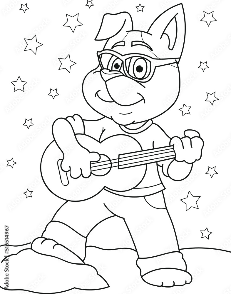 Coloring page outline of cartoon smiling cute dog plays guitar ...