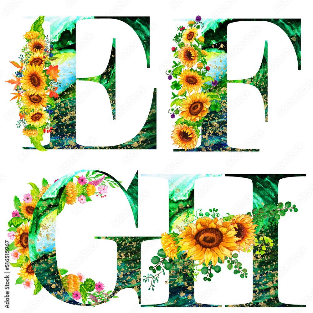 Watercolor collection of romantic green letters with hand drawn ...