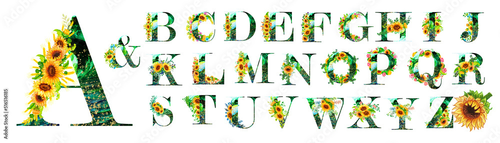 Watercolor collection of romantic green letters with hand drawn ...