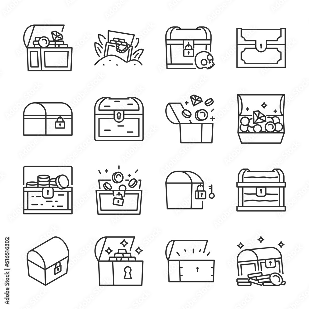 Treasure Chest icons set. Open chest with coins, jewels. Find the ...