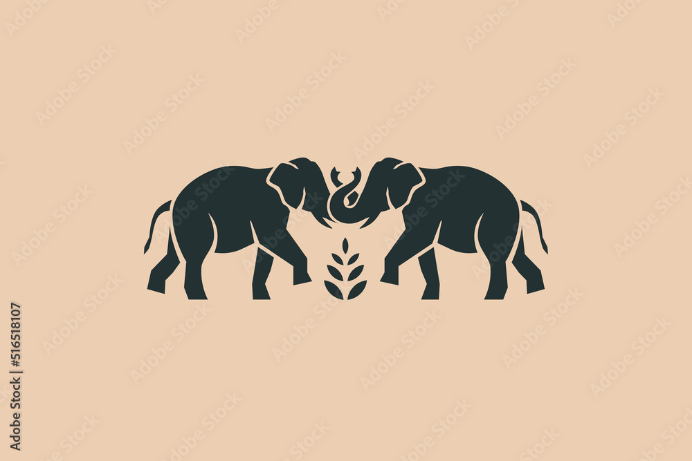 Dark elephants with intertwined trunks. Vector illustration with stamp effect. Stylized animals ...