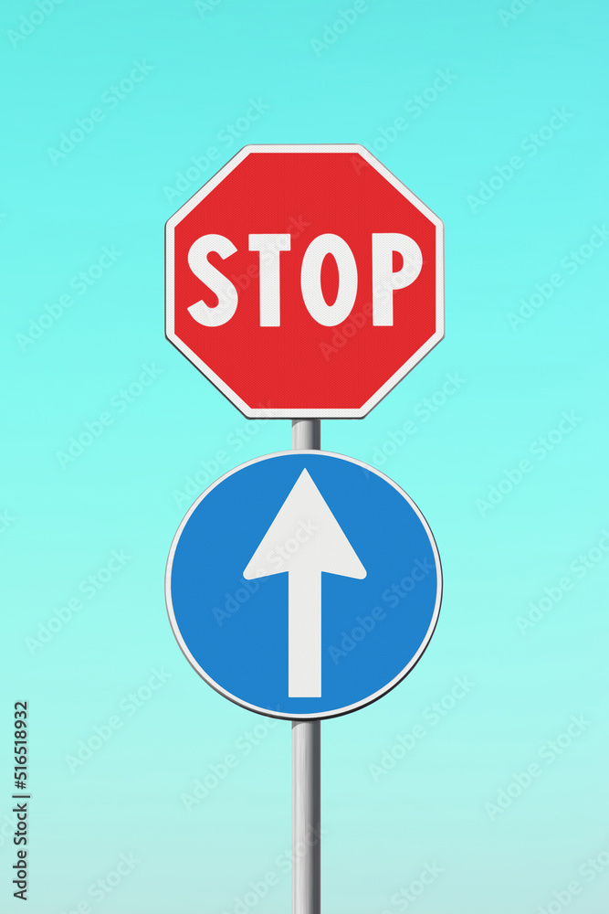 Foto de Contradiction concept with stop and arrow traffic signs ...