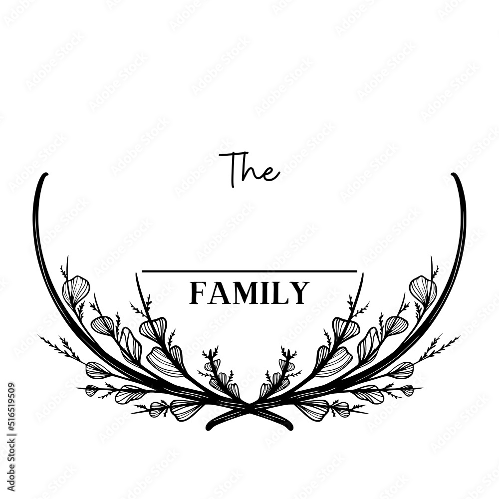 Family name, Hand drawn, leaf, flower, line art, outline, frame, floral ...