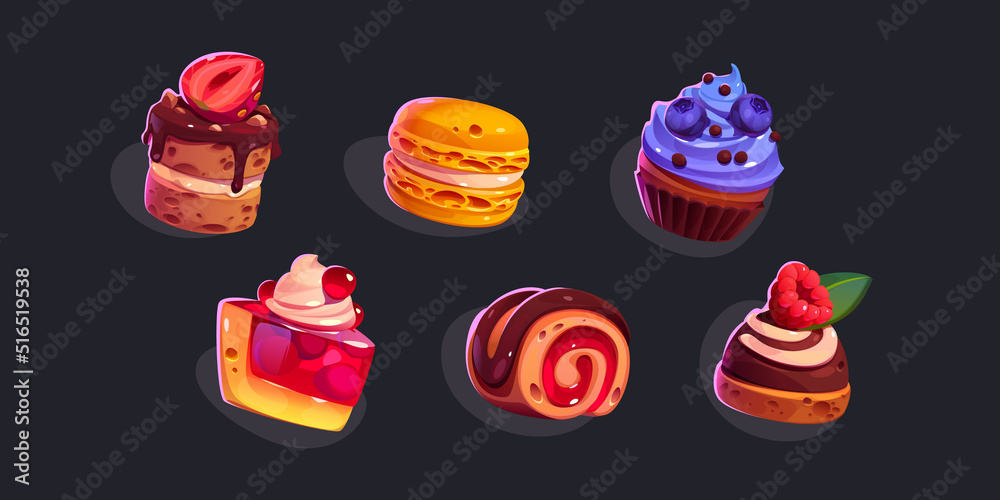 Game icons cakes, sweets and desserts. Cartoon 2d ui graphic elements ...
