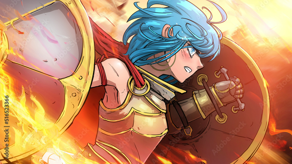 An Enraged Anime Girl Rushes Into Battle With Two Shields Instead Of Weapons She Has Blue