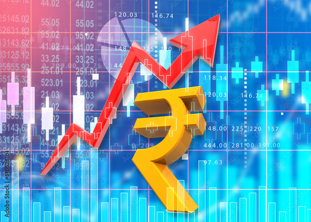 Indian rupee symbol with arrow graph on stock market background. 3d ...